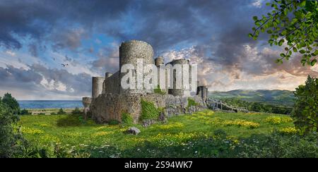 Photo of medieval Harlech Castle, Wales. Harlech Castle is a medieval ...