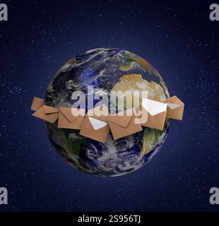 Envelopes with letters flying to globe in space. International mail ...