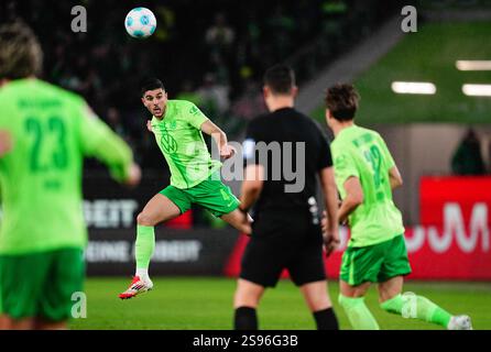 January 24 2025: Konstantinos Koulierakis (VfL Wolfsburg) controls the ...