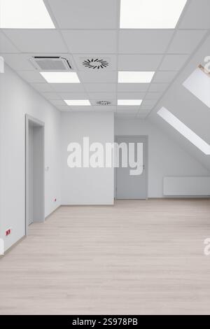 Empty Modern Attic Room with Skylights and Doors Stock Photo - Alamy