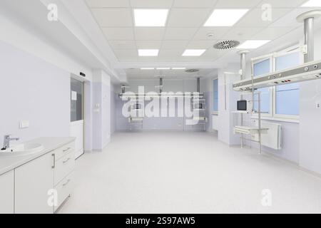 Post-operative room for patients in a hospital, with equipment ...