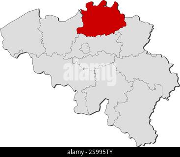 Map of Belgium with the provinces, Antwerp is highlighted in yellow ...