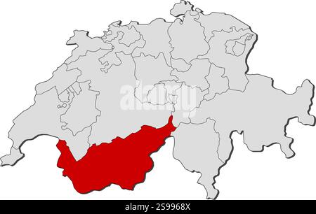 Map of Swizerland with the provinces, Valais is highlighted by a ...