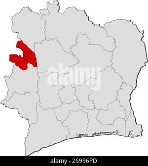 Map of Ivory Coast with the provinces, Bafing is highlighted by orange ...