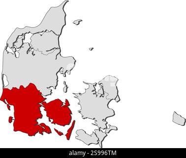 Map of Danmark with the provinces, South Denmark is highlighted in ...
