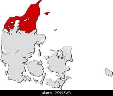 Map of Danmark with the provinces, North Denmark is highlighted by a ...
