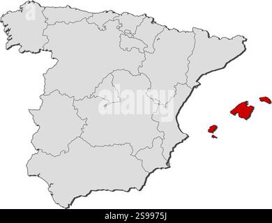 Map of Spain with the provinces, Balearic Islands is highlighted in ...