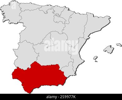 Map of Spain with the provinces, Andalusia is highlighted by orange ...