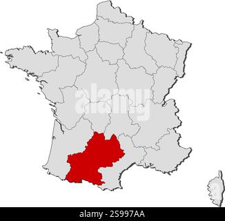 Map of France with the provinces, Midi-Pyrénées is highlighted by a ...