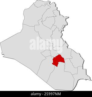 Map of Iraq with the provinces, Al-Qadisiyyah is highlighted by orange ...