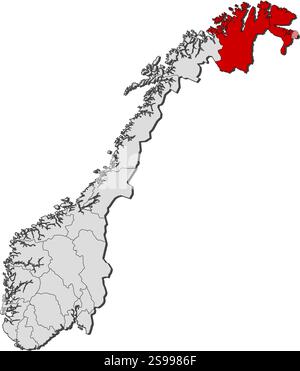 Map of Norway with the provinces, Finnmark is highlighted by orange ...
