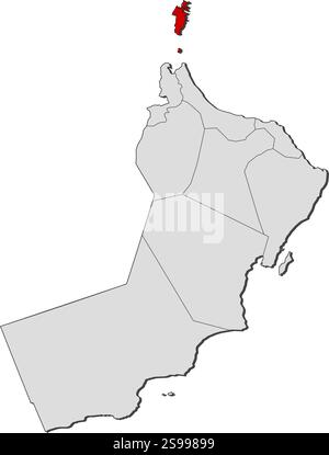 Map of Oman with the provinces, Musandam is highlighted by orange Stock ...