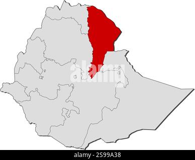 Map of Ethiopia with the provinces, Afar is highlighted by orange Stock ...