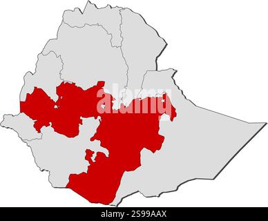 Map of Ethiopia with the provinces, Oromia is highlighted by orange ...
