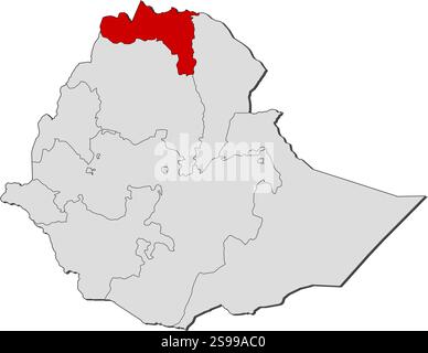 Map of Ethiopia with the provinces, Tigray is highlighted by orange ...