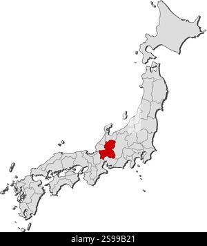 Map of Japan with the provinces, Gifu is highlighted by a hatching ...