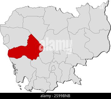 Map of Cambodia with the provinces, Pursat is highlighted by orange ...