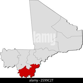 Map of Mali with the provinces, Sikasso is highlighted by orange Stock ...