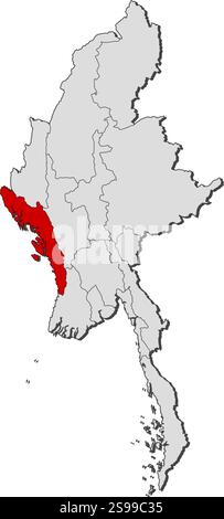 Map of Myanmar with the provinces, Rakhine is highlighted by orange ...