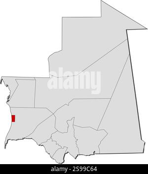 Map of Mauritania with the provinces, Nouakchott is highlighted by ...