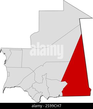 Map of Mauritania with the provinces, Hodh Ech Chargui is highlighted ...