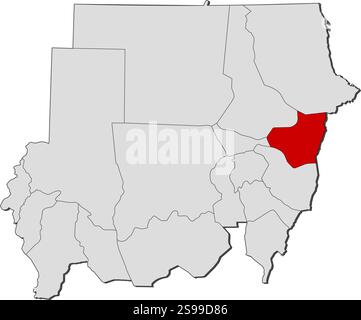 Map of Sudan with the provinces, Kassala is highlighted by orange Stock ...