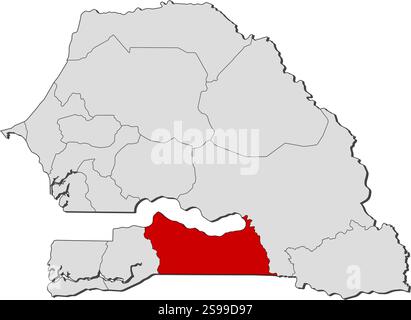 Map of Senegal with the provinces, Kolda is highlighted by orange Stock ...