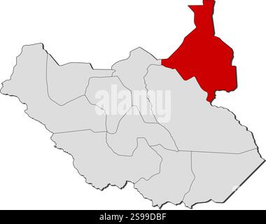 Map of South Sudan with the provinces, Upper Nile is highlighted by ...