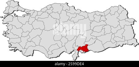 Map of Turkey with the provinces, Gaziantep is highlighted by orange ...