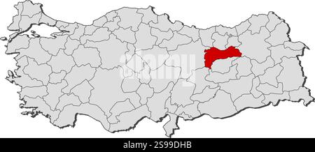 Map of Turkey with the provinces, Erzincan is highlighted by orange ...