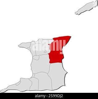 Map of Trinidad and Tobago with the provinces, Tobago is highlighted ...