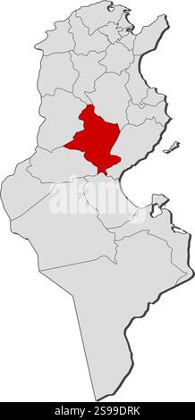 Map of Tunisia with the provinces, Sidi Bouzid is highlighted by orange ...