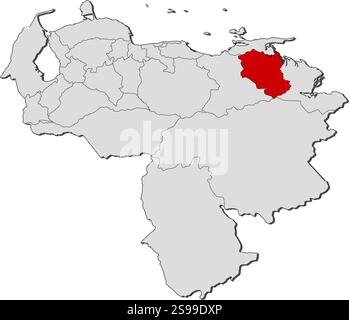 Map of Venezuela with the provinces, Monagas is highlighted by orange ...