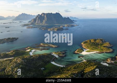 Coast of Skrova island and view of surrounding islands, sandy beaches ...