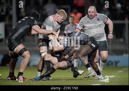 Exeter Chiefs' Tom Wyatt (centre) is tackled during the Gallagher ...