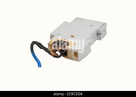 Burned electrical circuit breaker, fuse box on white background. The ...