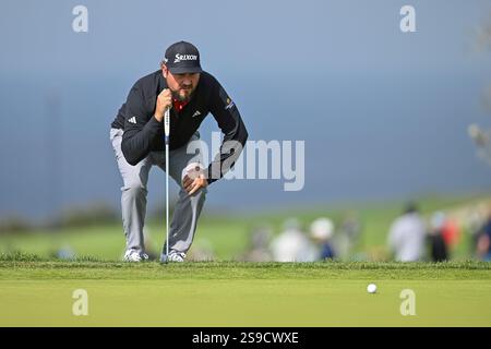 Andrew Novak lines up a putt on the 16th green during the third round ...