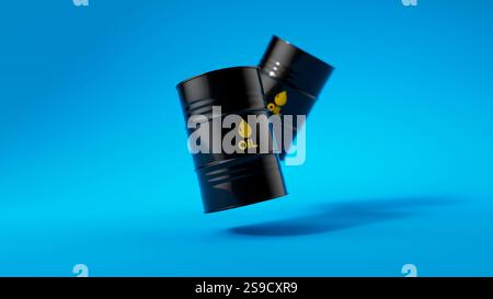 Two floating blue metal oil barrels on blue background. Front view with ...