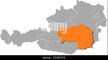 Map of Austria with the provinces, Styria is highlighted by a hatching ...