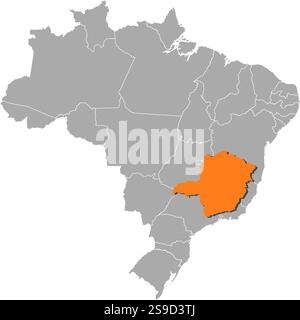 Colored map of Minas Gerais, state Brazil, with borders regions and ...