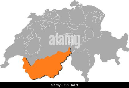 Map of Swizerland with the provinces, Valais is highlighted by a ...
