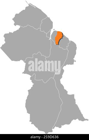 Map of Guyana with the provinces, East Berbice-Corentyne is highlighted ...