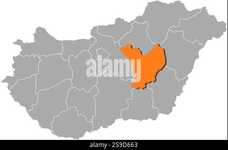 Map of Hungary as a gray piece, Jász-Nagykun-Szolnok is highlighted in ...