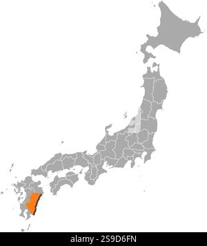Map of Japan with the provinces, Miyazaki is highlighted by a hatching ...