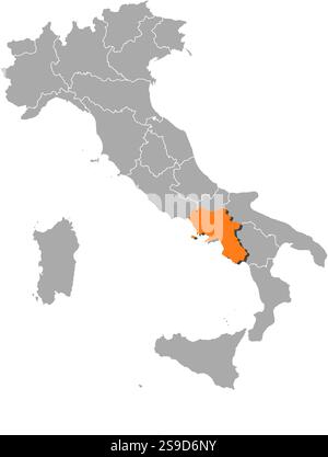 Map of Italy with the provinces, Campania is highlighted by a hatching ...