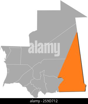 Map of Mauritania with the provinces, Hodh Ech Chargui is highlighted ...