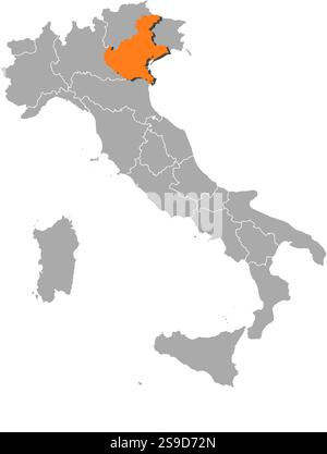 Map of Italy with the provinces, Veneto is highlighted by a hatching ...