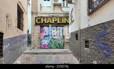 Colorful outdoor graffiti art on a closed metal gate in Granada Stock ...