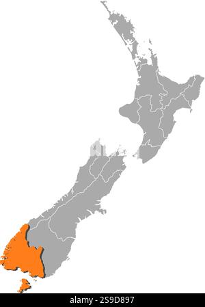 Map of New Zealand with the provinces, Southland is highlighted Stock ...
