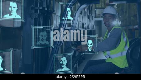 Facial recognition image over warehouse worker handling large box. Technology, logistics ...
